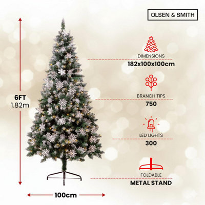 Olsen & Smith 6ft Snowy Artificial Christmas Tree, Pre-Lit Xmas Tree ...