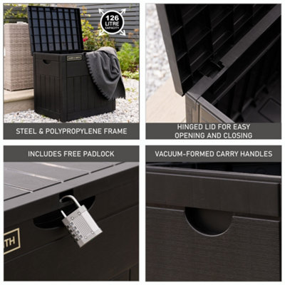 Olsen & Smith Outdoor Storage Box, 126L Capacity, 55x43x53cm, Lockable, Black, Plastic, Weather ...