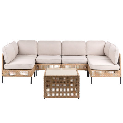 OMEGANA 6 Seater U-Shape Garden Sofa Light Beige PE Rattan Modular