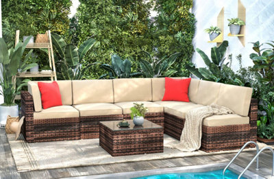 Onemill 6 Seater Garden Furniture Set For Lawn Backyard Poolside Brown