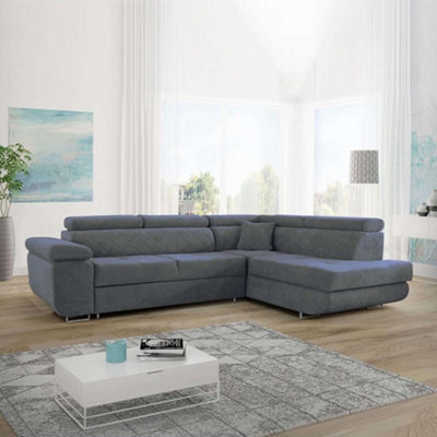 Ontario Plush Velvet Grey Corner Sofa Bed with Ottoman Storage - (Right ...