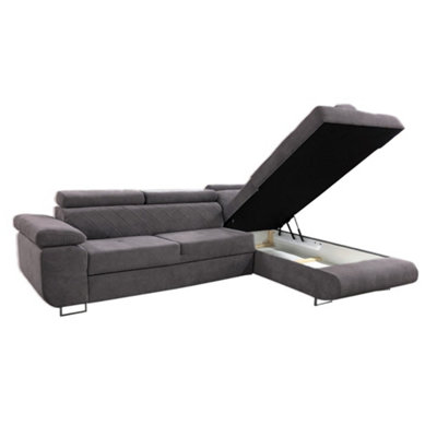Ontario Plush Velvet Grey Corner Sofa Bed with Ottoman Storage - (Right ...