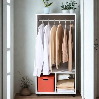 Open Wardrobe Clothes Rail With Storage Shelves on Wheels White