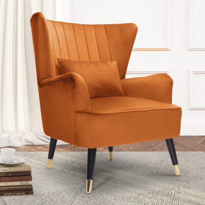 Orange Accent Wingback Chair in Velvet Fabric