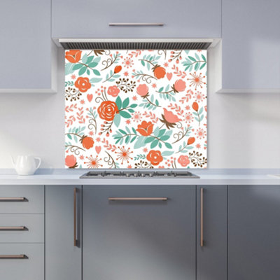 Orange Floral Pattern Premium Glass Kitchen Splashback W600mm x H750mm ...