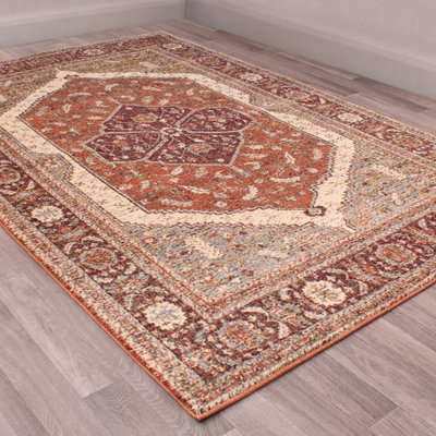 Orange Terracotta Traditional Persian Easy to Clean Bordered Floral Rug ...