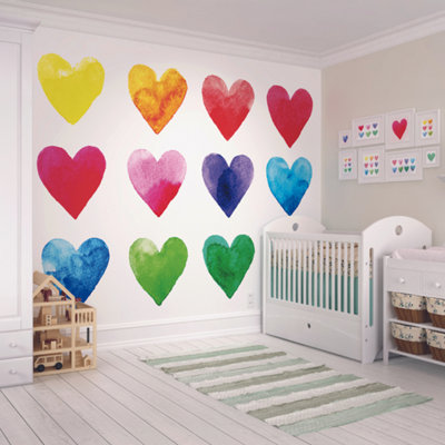 Origin Murals Bright Coloured Hearts on a White Background Matt Paste ...