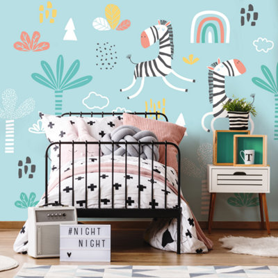 Origin Murals Children's Dancing Zebras Blue Matt Smooth Paste the Wall ...