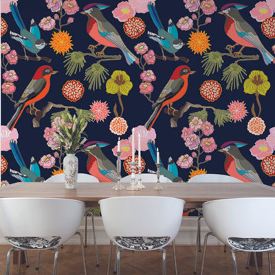 Origin Murals Floral Birds Dark Blue Matt Smooth Paste the Wall Mural ...
