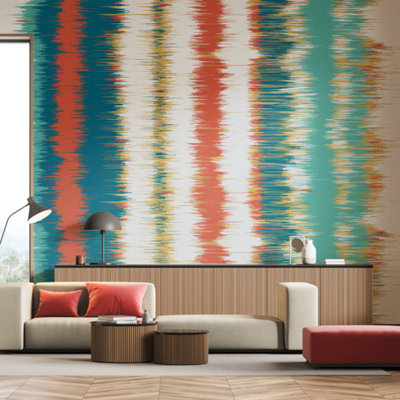 Origin Murals Linear Stripe - Teal Blue and Orange Matt Smooth Paste ...
