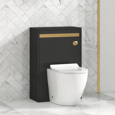 Orion 500mm Jet Black BTW WC Unit with Elva Rimless Toilet Pan & Slim Seat, Cistern Brushed ...