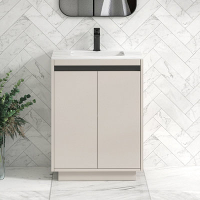 Orion 600mm Beige 2 Door Floor Standing Vanity Unit with Carrara White ...