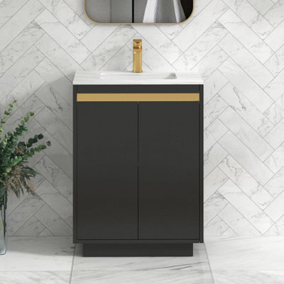 Orion 600mm Jet Black 2 Door Floor Standing Vanity Unit with Carrara ...