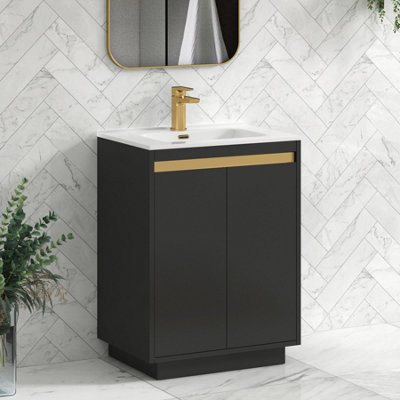 Orion 600mm Jet Black 2 Door Floor Standing Vanity Unit with Ceramic ...