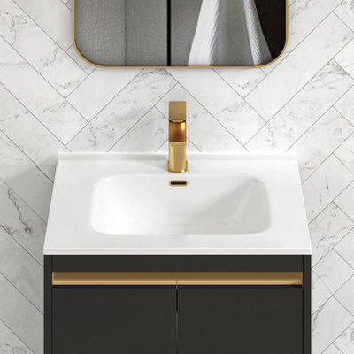 Orion 600mm Jet Black 2 Door Floor Standing Vanity Unit with Ceramic ...