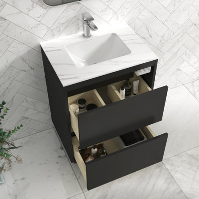 Orion 600mm Matt Obsidian Black 2 Drawer Freestanding Vanity Unit with ...
