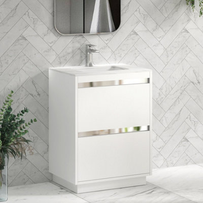 Orion 600mm Matt White 2 Drawer Freestanding Vanity Unit with Carrara ...