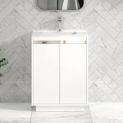 Orion 600mm Matte White 2 Door Freestanding Vanity Unit with Carrara ...