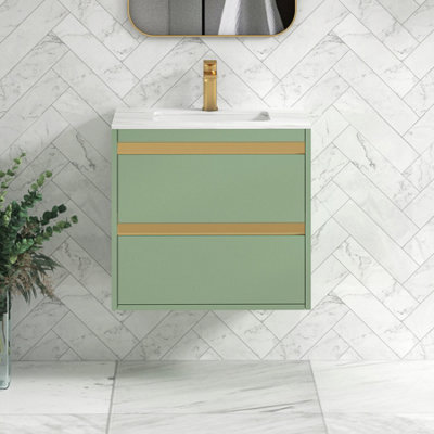 Orion 600mm Mint Green 2 Drawer Wall Hung Vanity Unit with Carrara White Top & Brushed Brass Strip