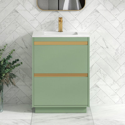 Orion 600mm Mint Sage 2 Drawer Floor Standing Vanity Unit with Carrara ...