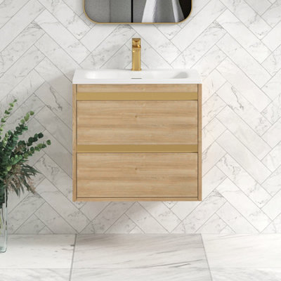 Orion 600mm Natural Oak 2 Drawer Wall Hung Vanity Unit with Undrilled ...