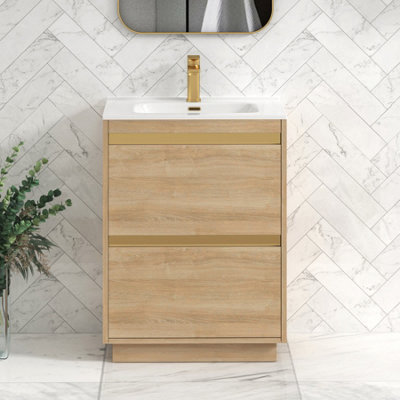 Orion 600mm Oak 2 Drawer Floor Standing Vanity Unit with Ceramic Basin ...