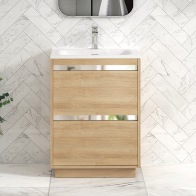 Orion 600mm Oak 2 Drawer Freestanding Vanity Unit with Undrilled Stone ...