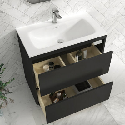 Orion 800mm Jet Black 2 Drawer Freestanding Vanity Unit with Undrilled ...