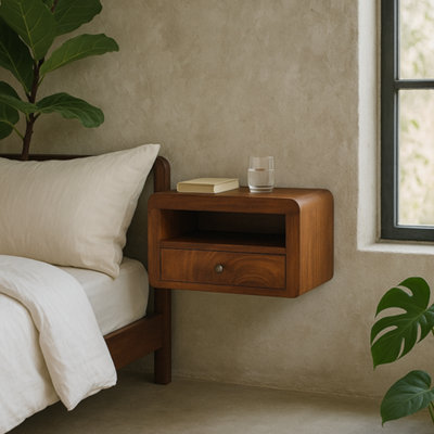 Oristano Chunky Mango Wood Wall-Mounted Bedside Table with Drawer in ...
