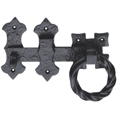 Ornate Ring Lift Handle Latch Set for Outdoor Gates Black Antique Finish