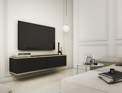 Oro Contemporary Wall Hung TV Cabinet 2 Doors Black Matt (W)1350mm (H ...