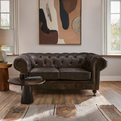 Orsina 2 Seat Grey Leather Sofa-Chesterfield Design Couch With Stud ...