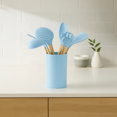 Orsina 7-Piece Pastel Blue Utensil Set with Holder,Silicone Utensils ...