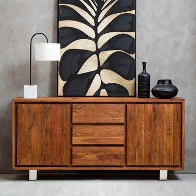 ORSINA ACACIA TWO DOOR SIDEBOARD, SOLID ACACIA WOOD CABINET WITH 3 ...