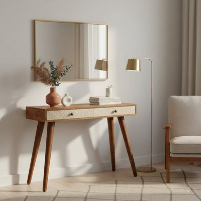 Orsina Acacia Wood Console Table with Embossed Drawers, Travel-Inspired ...