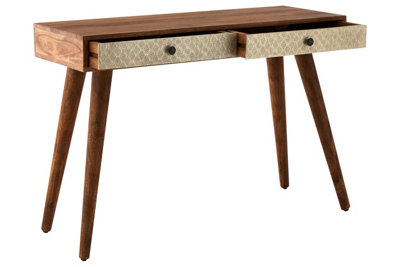 Orsina Acacia Wood Console Table with Embossed Drawers, Travel-Inspired ...