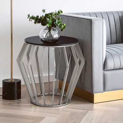 Orsina Modern Silver Round Table with Black Glass, Decent Silver ...