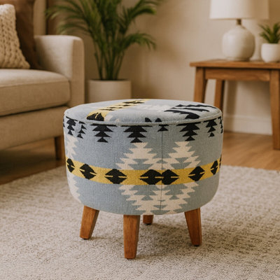 Orsina Round Footstool With Geometric Pattern, Mango Wood Legs Pouffe ...