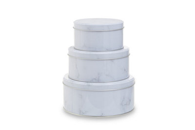 Orsina Set Of 3 White Marble Effect Storage Tins, Nesting Tins With ...