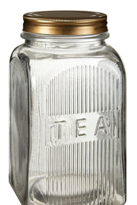 Orsina Set of Three Glass Jars with Gold Finish Lids, Embossed 'Tea ...