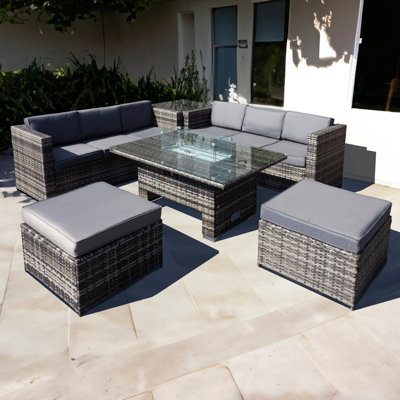 Oseasons Malta Rattan 8 Seat Rising Firepit Corner Set in Grey Walnut ...