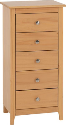 Oslo 5 Drawer Narrow Chest in Pine Finish with Metal Handles