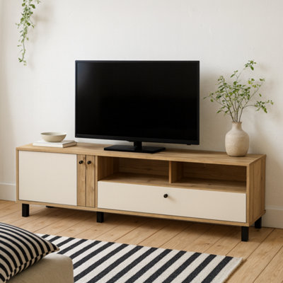 Oslo Industrial TV Unit in Cream and Oak with 2 Doors and 1 Drawer ...