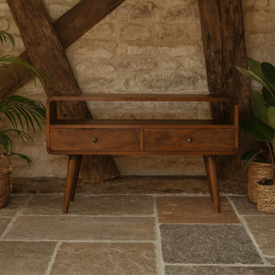 Ostuni Low Curved Chestnut Mango Wood TV Media Unit 2 Drawers and Open ...