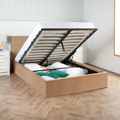 OTTOMAN BED FRAME SMALL DOUBLE STORAGE BED VELVET UPHOLSTERY BROWN TAN