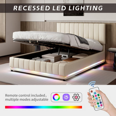 Ottoman Bed with LED Lighting, PU Leather Upholstered Bed with ...