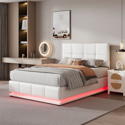Ottoman Lift Storage Bed with LED Lighting PU Faux Leather Upholstered 4ft6 Double Size Bed Frame