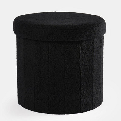 Ottoman Storage Box Folding Footstool Space Saving Boucle, Round - Black