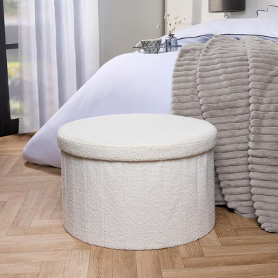 Ottoman Storage Box Folding Footstool Space Saving Boucle, XL Round - White