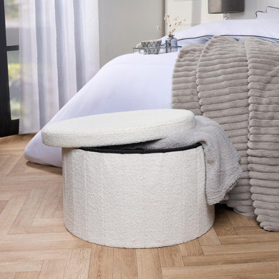 Ottoman Storage Box Folding Footstool Space Saving Boucle, XL Round - White